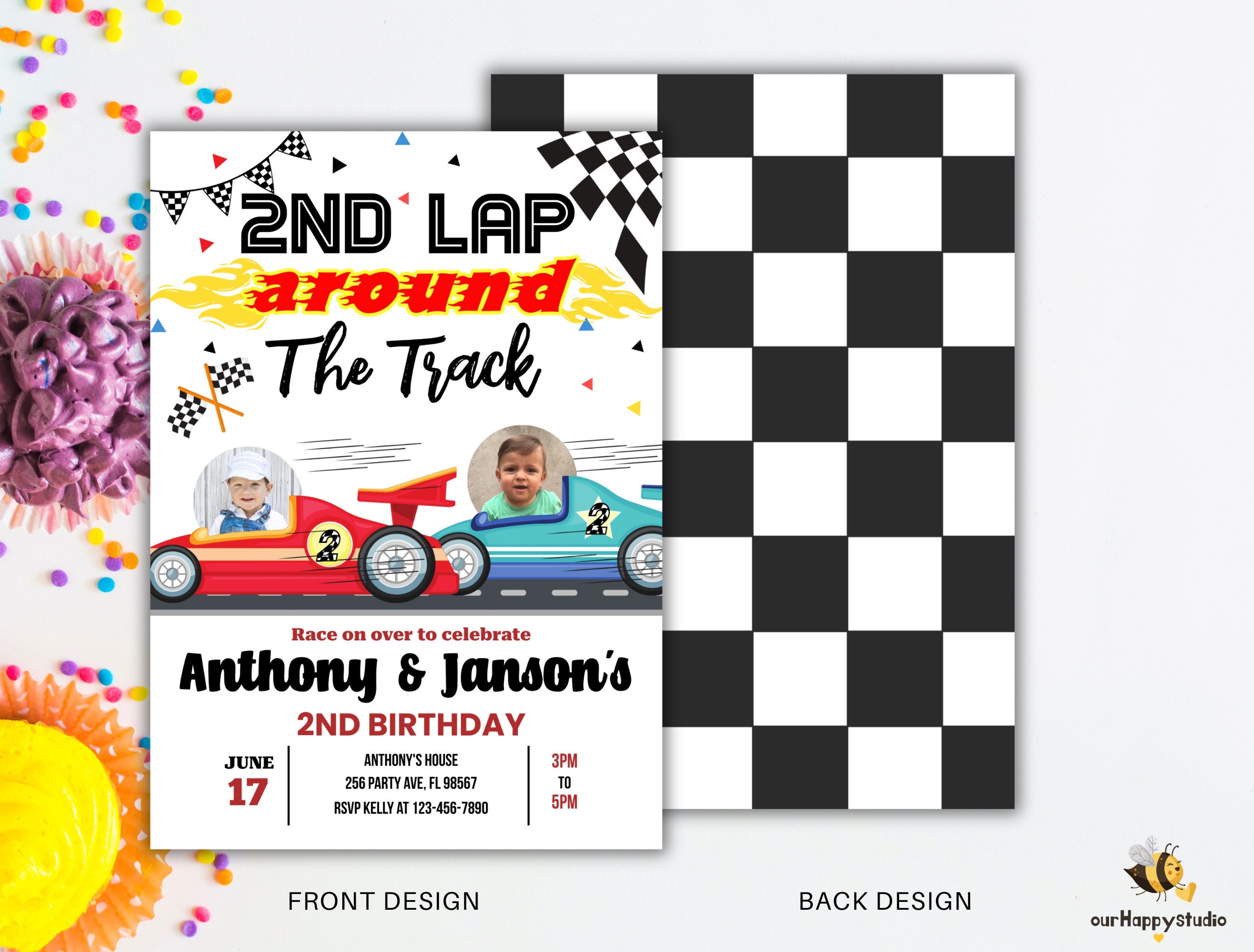 Editable Two Fast Twins Invitation With Photo 2nd Lap Boy Car Racing ...