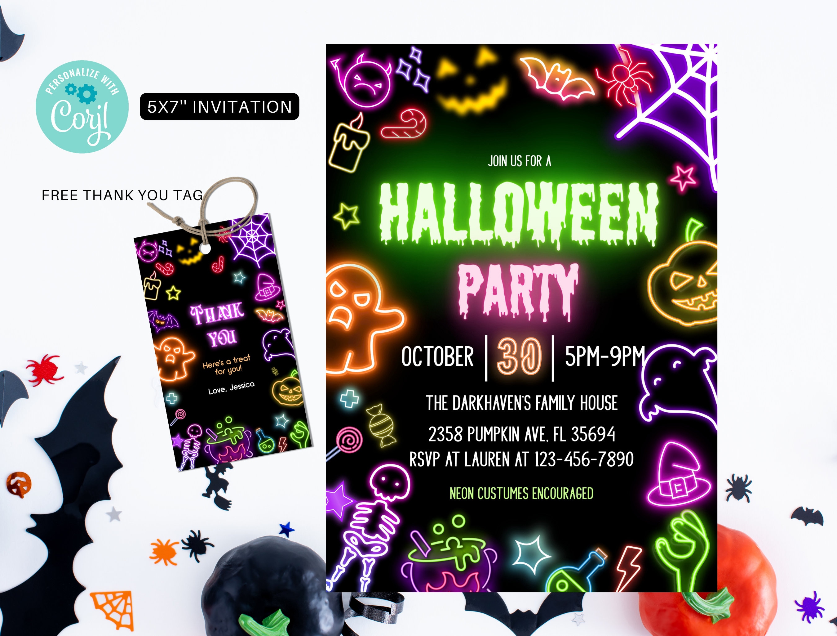 Editable Neon Halloween Party Invitation Template Halloween - Etsy