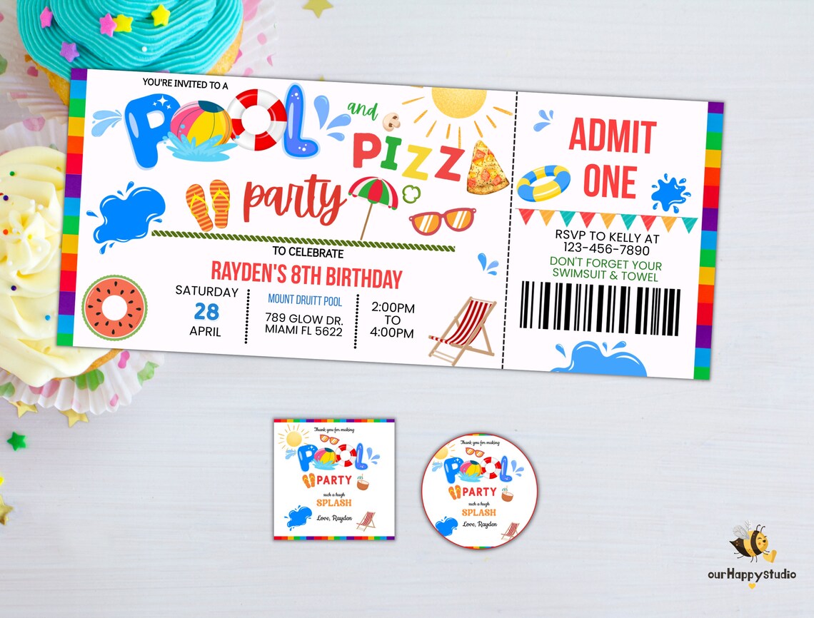 Editable POOL & PIZZA Party Birthday Invitation Ticket, POOL Party ...
