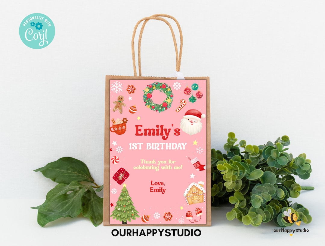 Editable Christmas First Birthday Gift Bag Template, Oh What Fun Party ...