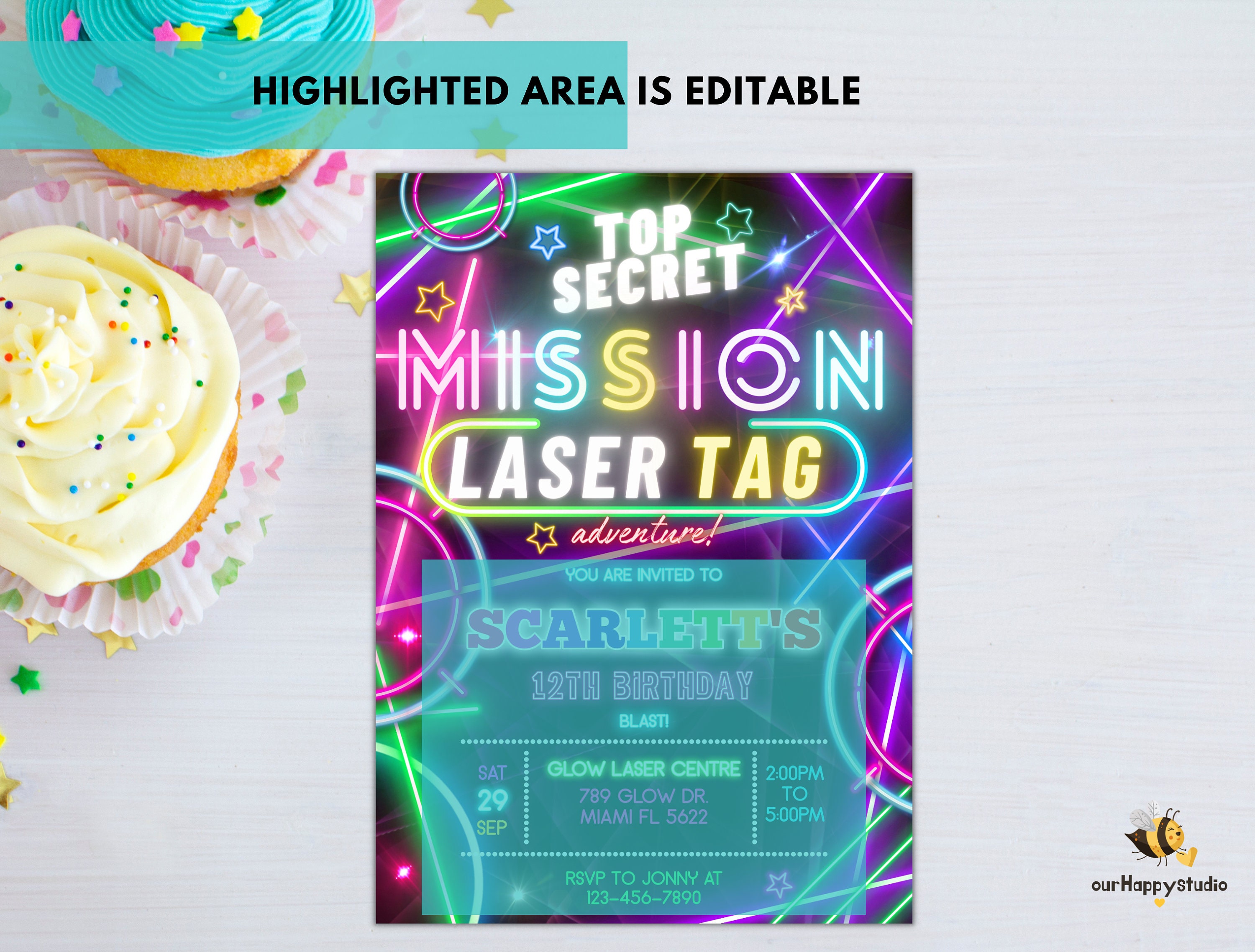 Editable Laser Tag Party Invitation Neon Birthday Party Invite Glow ...