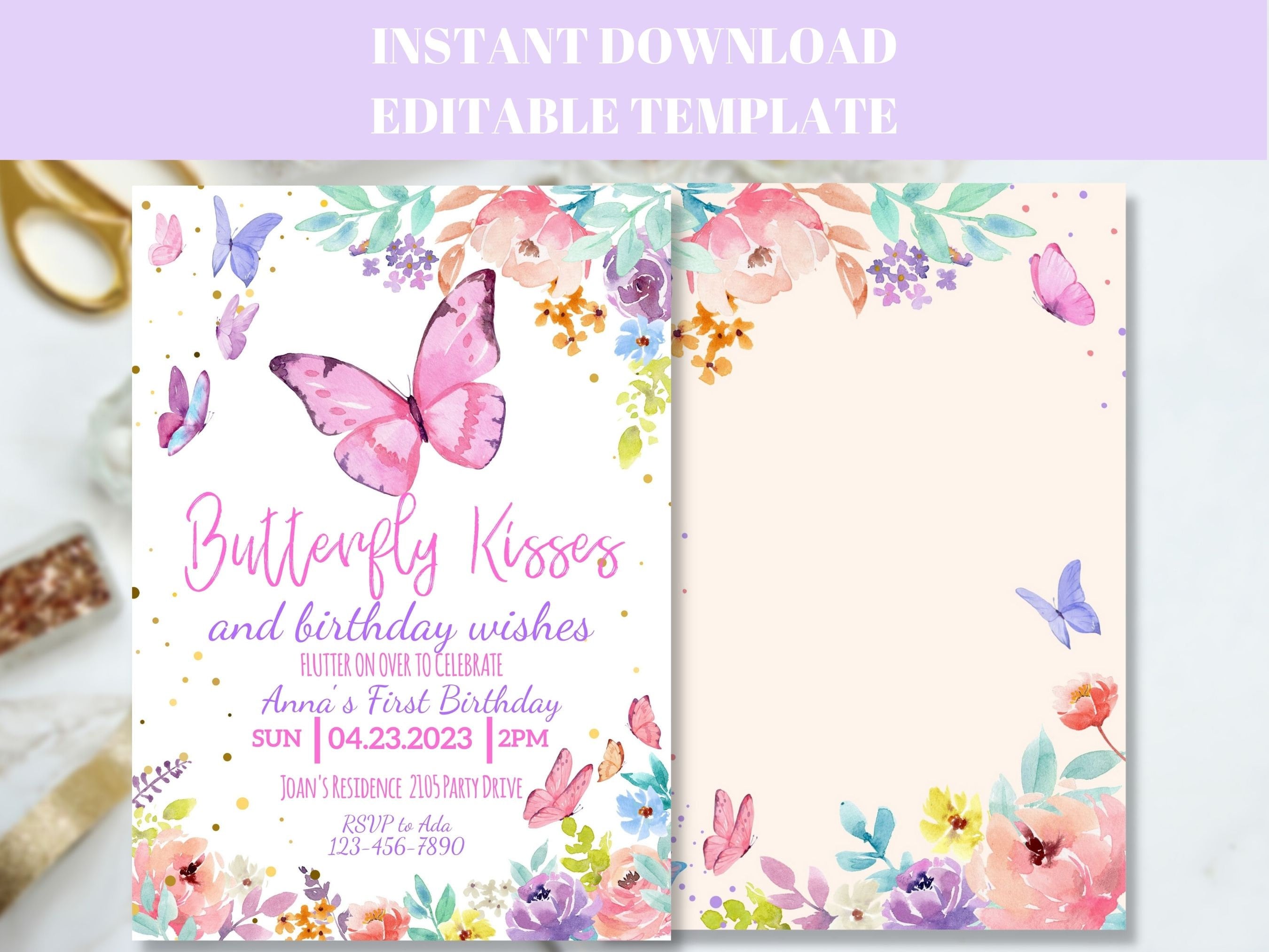 Editable Butterfly Birthday Invitation Floral Butterfly - Etsy