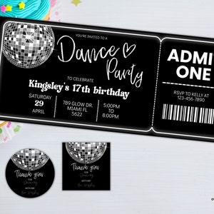 Editable Minimalist Dance Party Birthday Invitation Ticket, Disco ...