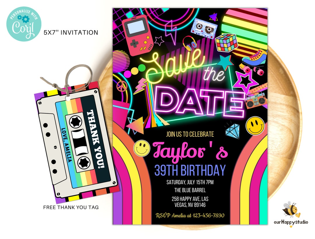 Editable Save the Date 80s Birthday Party Invitation Back to 80s Neon ...
