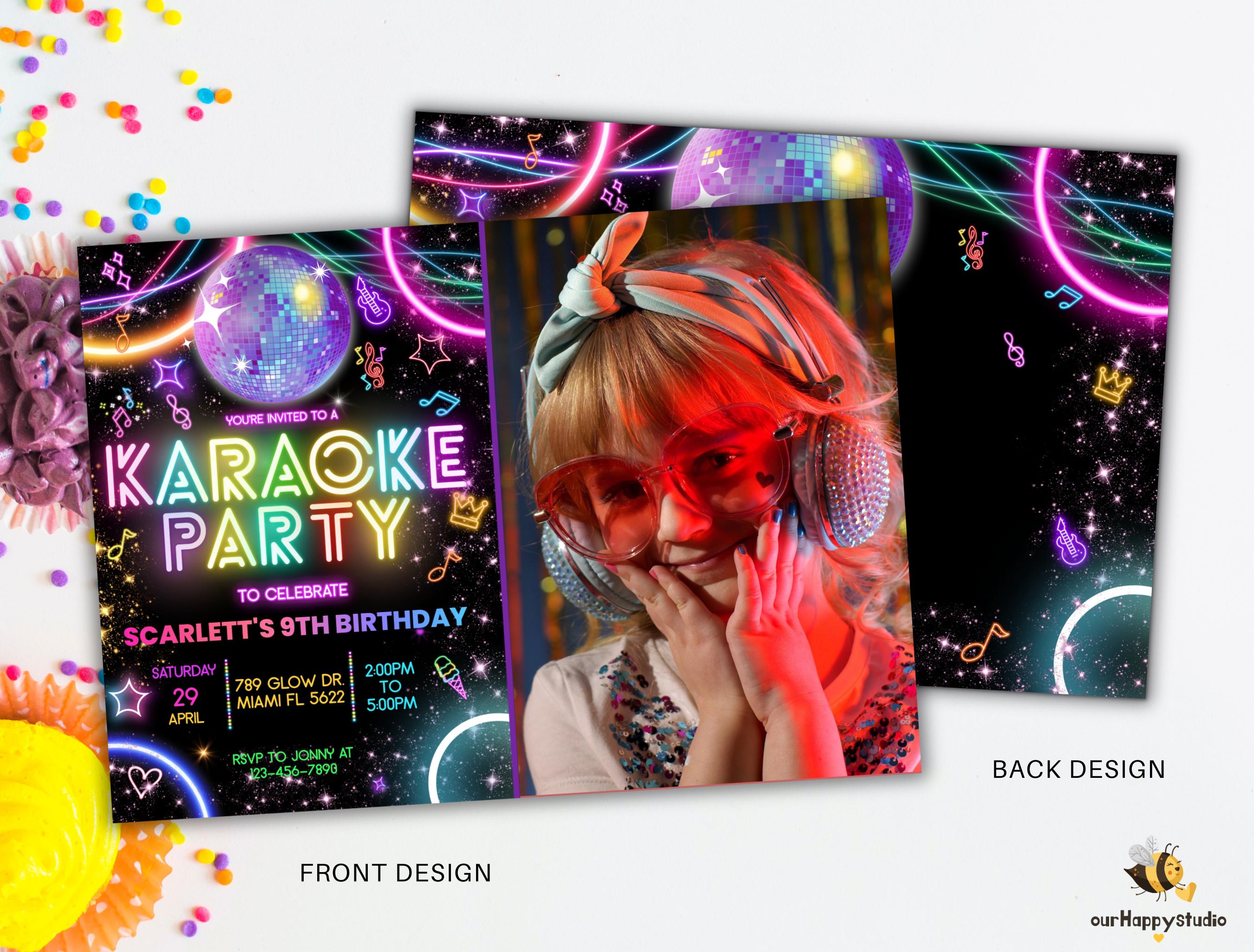 Editable Karaoke Party Birthday Photo Invitation, Glow Karaoke Birthday ...