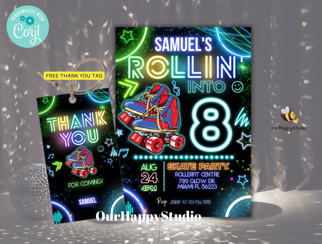 Editable Roller Skating Invitation Glow Party Invite Boys Birthday Neon ...