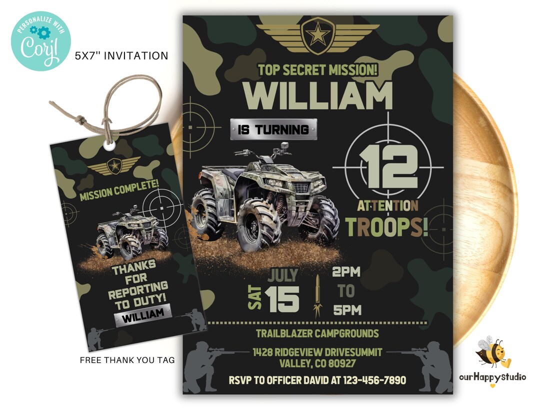 Editable Quad Bike Birthday Invitation Target Shooting Party Invite ...