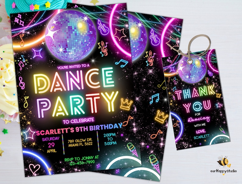 Editable Dance Party Birthday Invitation, Glow Gender Neutral Invites ...