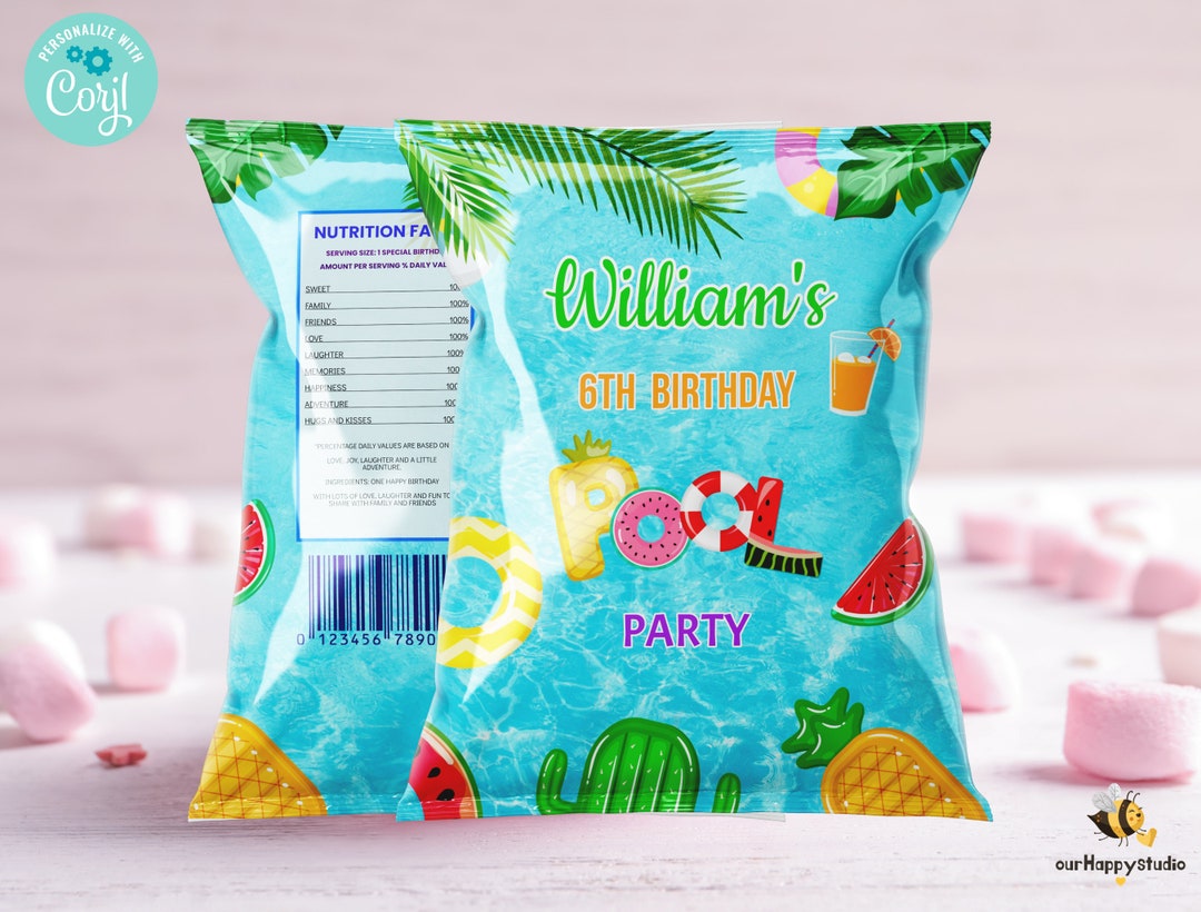 Editable Pool Party Chip Bag Wrapper Tropical Party Gender Neutral ...