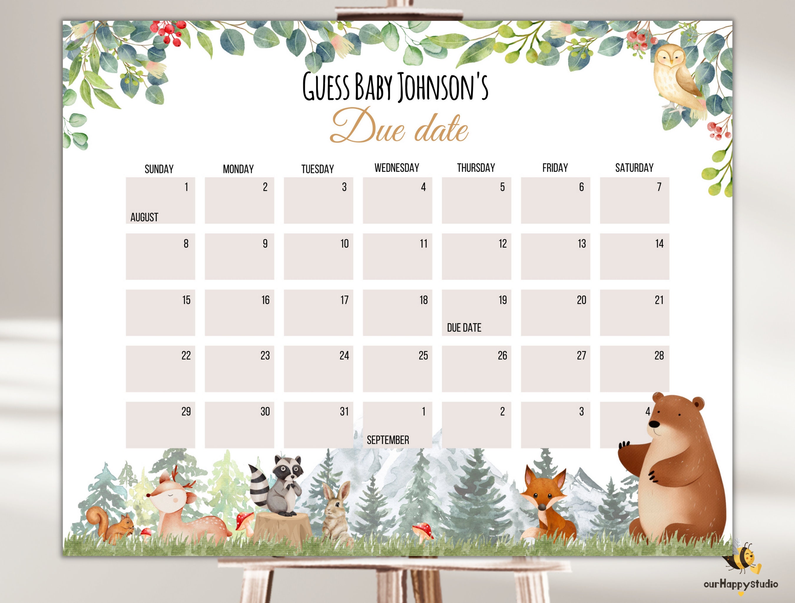 Editable Woodland Baby Due Date Calendar Baby Shower Game - Etsy