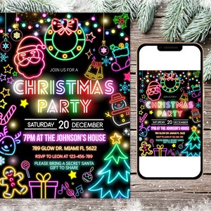 Editable Neon Christmas Party Invitation, Glow Christmas Party Invite ...