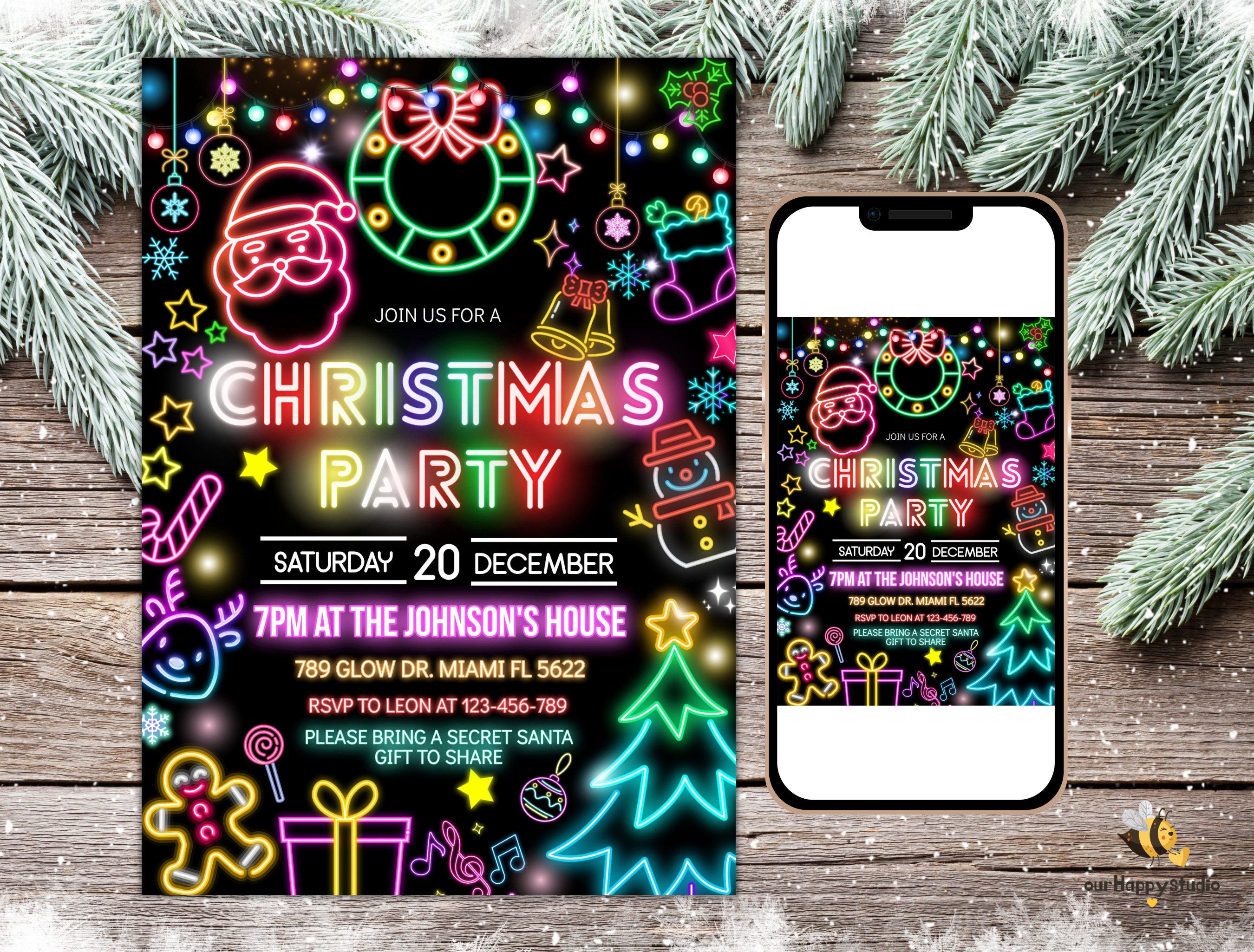 Editable Neon Christmas Party Invitation, Glow Christmas Party Invite ...