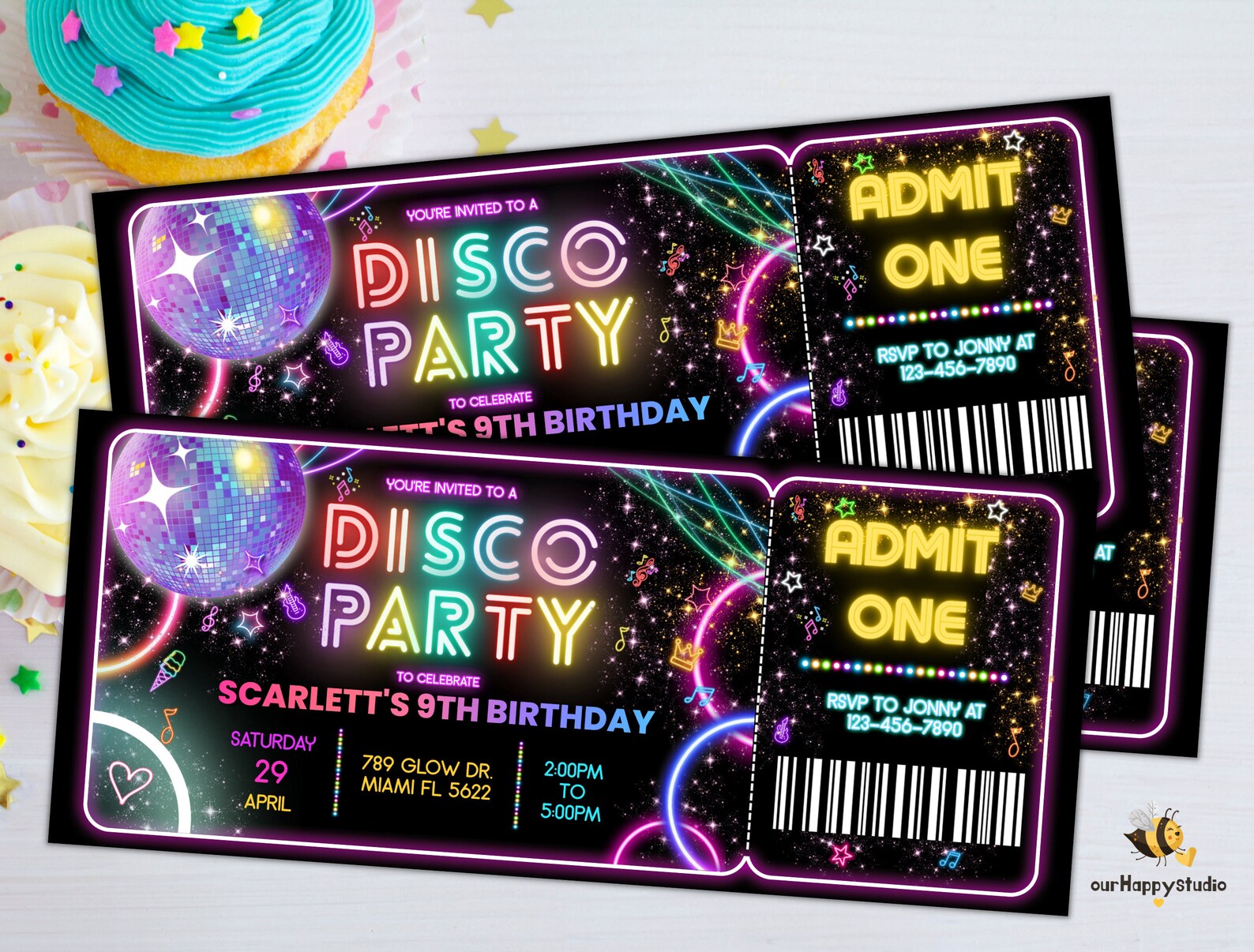 Editable Disco Birthday Ticket Invitation, Neon Dance Party (digital ...