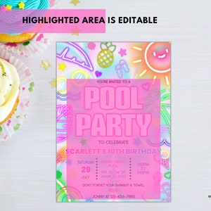 Editable Pool Party Invitation, Glow Neon Invite, Tropical Tie Dye ...