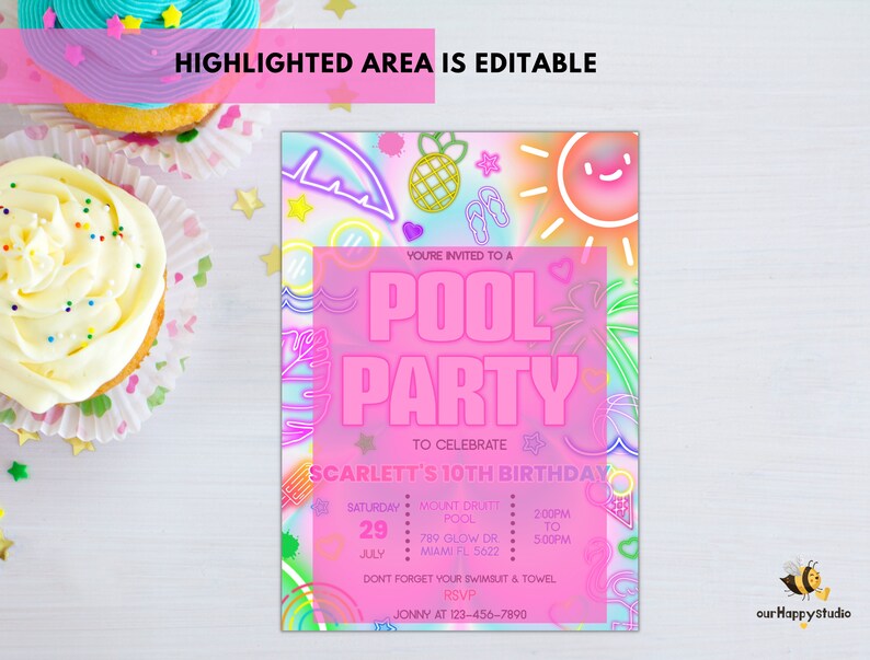 Editable Pool Party Invitation, Glow Neon Invite, Tropical Tie Dye ...