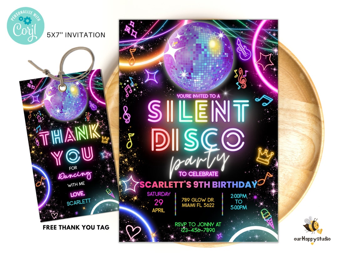 Editable Silent Disco Party Birthday Invitation, Silent Disco Gender ...
