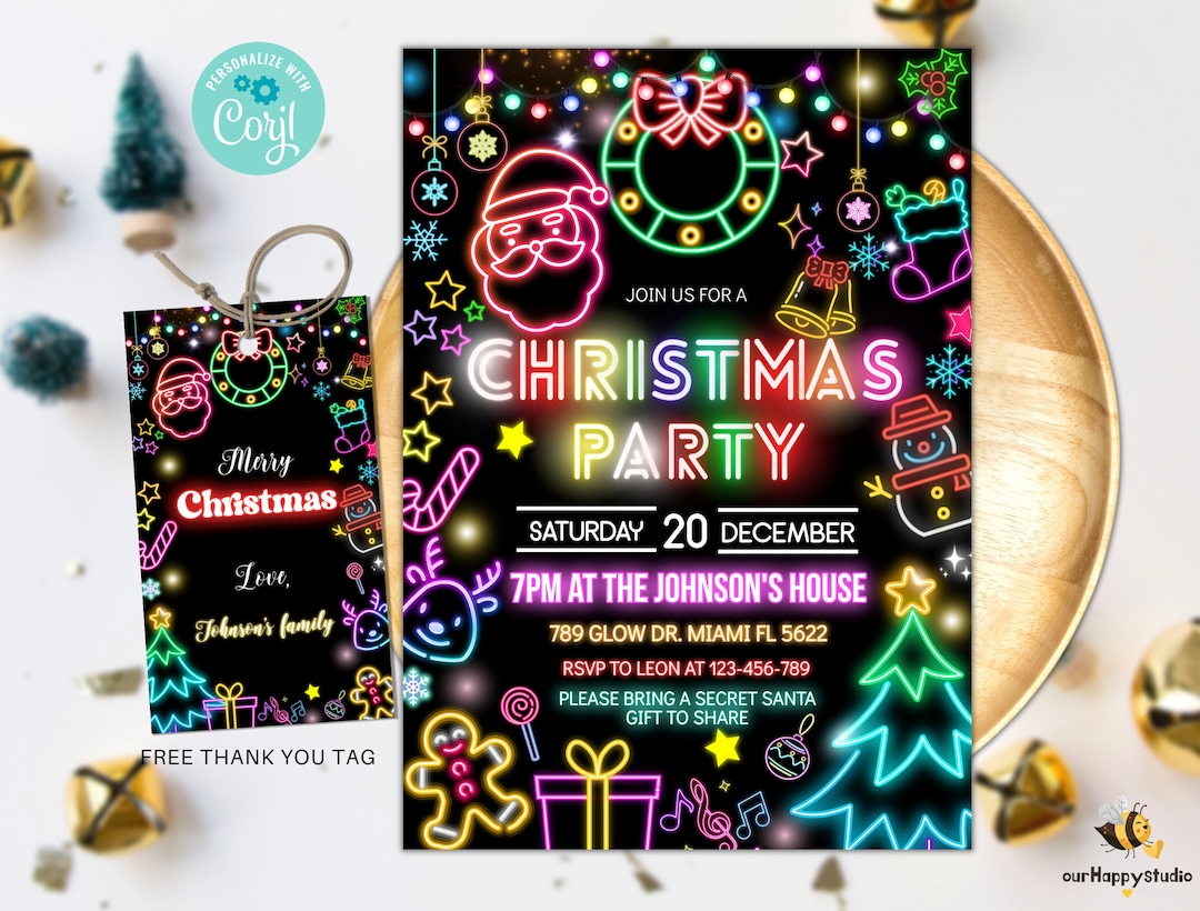 Editable Neon Christmas Party Invitation, Glow Christmas Party Invite ...