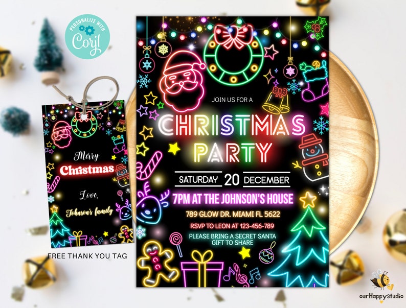 Editable Neon Christmas Party Invitation, Glow Christmas Party Invite ...