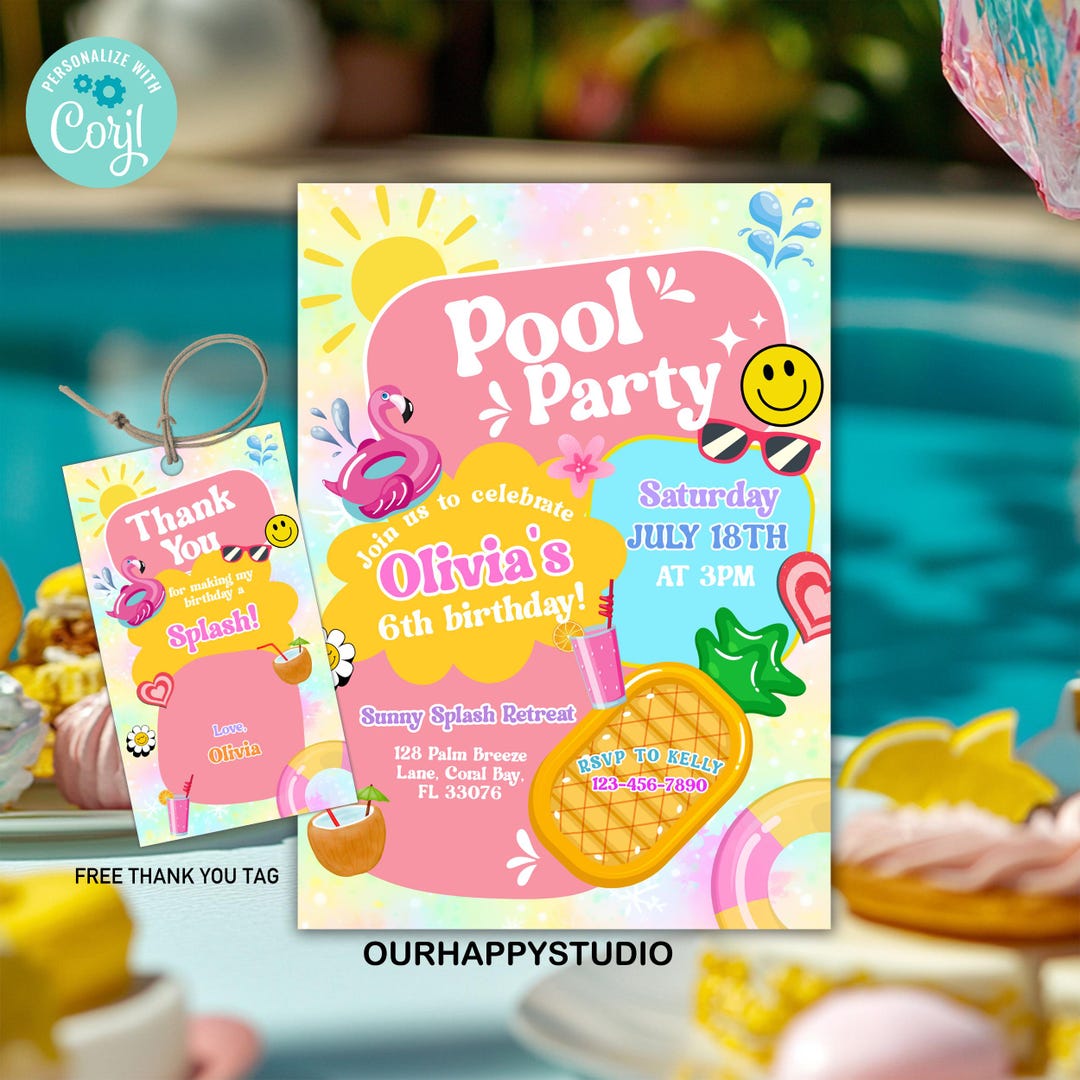 Editable Pool Party Invitation, Groovy Retro Birthday, Tropical ...