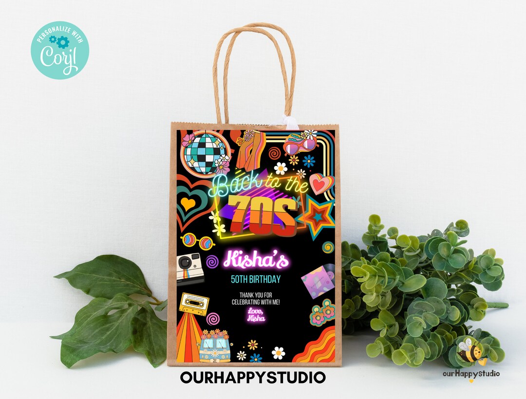 Editable Back to the 70S Gift Bag Label Glow Retro Party Birthday Party ...