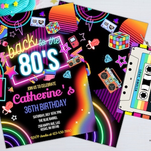 Editable 80s Birthday Party Invitation Back to the 80s Neon Party Glow ...