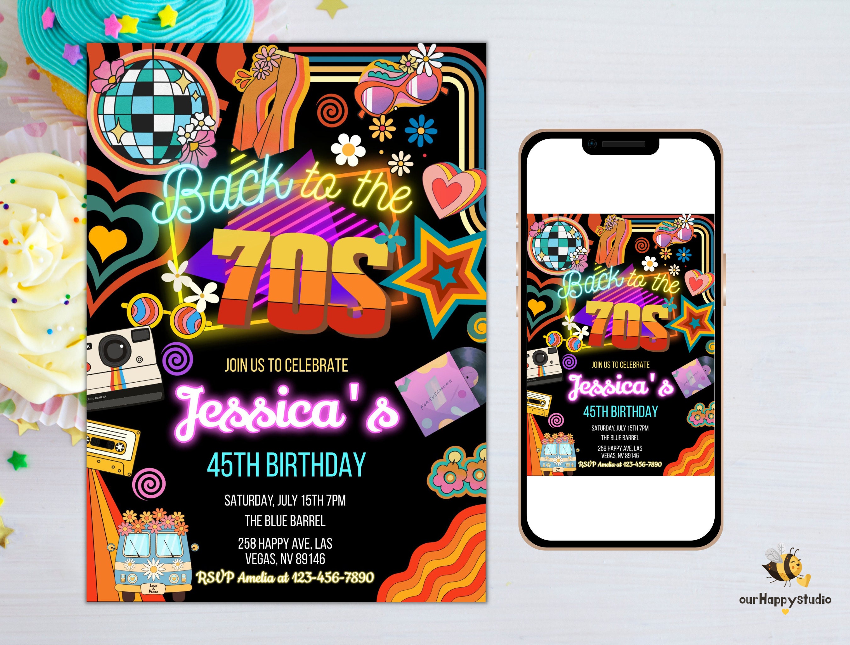 70s Invitation Background Groovy 70th Birthday Invite Template, Retro