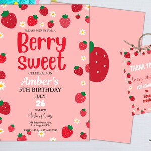 Editable Berry Sweet Birthday Invite Template, Strawberry 1st 2rd 3nd ...
