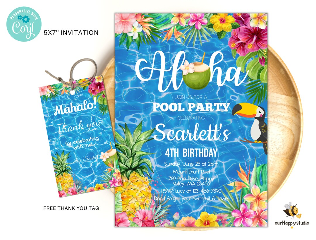 Editable Aloha Pool Party Invitation, Hawaiian Birthday Invite ...