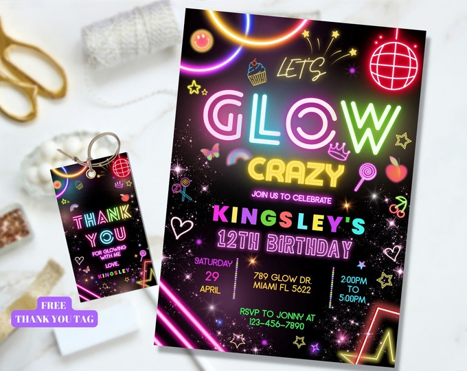 Glow Birthday Invitation, Glow Party Invitation, Glow Invitation, Neon ...