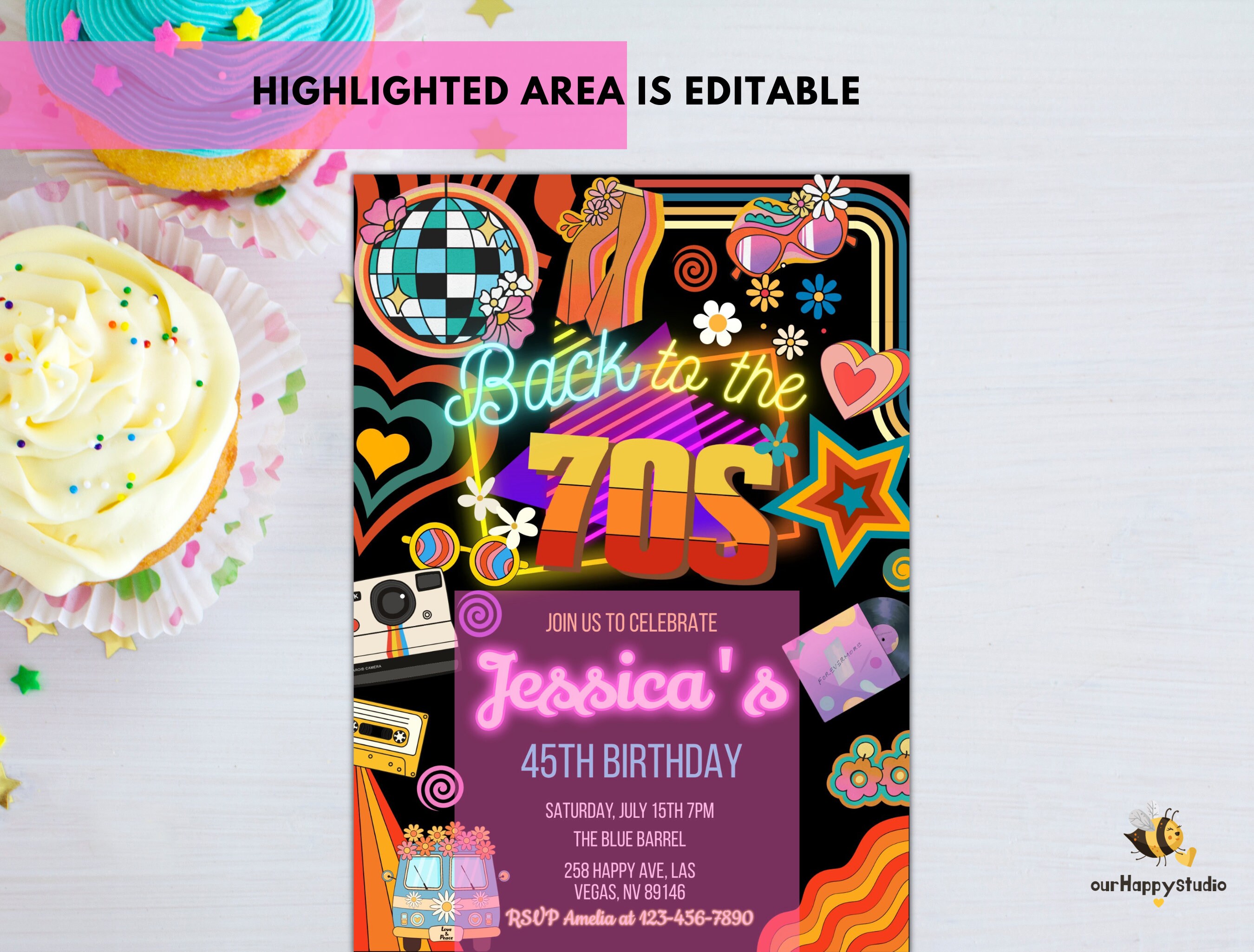 Editable 70s Birthday Party Invitation Back to the 70s Neon - Etsy ...
