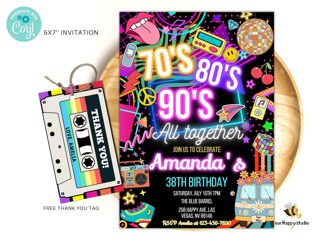 Editable 70s 80S 90s All Together Birthday Party Invitation Back to the ...