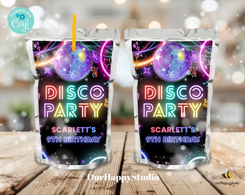 Editable Disco Juice Pouch Labels Glow Dance Party Capri Sun Label Glow ...