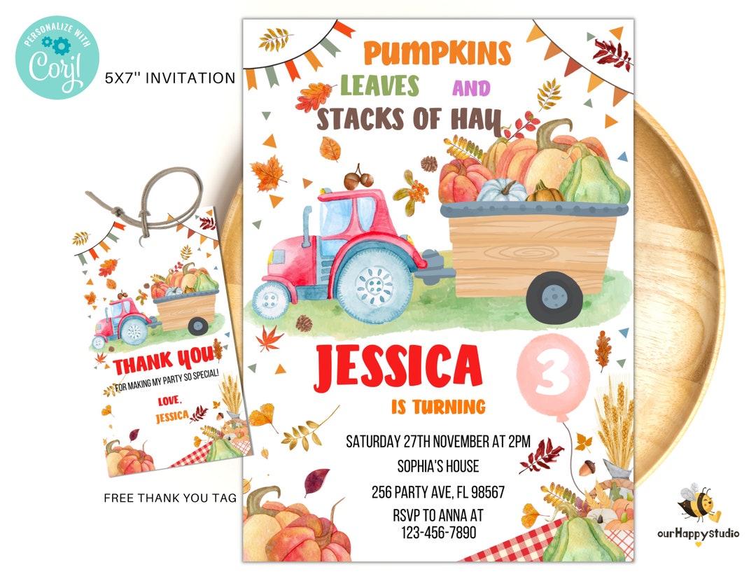 Editable Pumpkin Birthday Invitation Fall Pumpkin Tractor Birthday ...