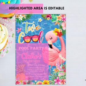 Editable Two Cool Pool Party Invitation, Hawaiian Flamingo Birthday ...