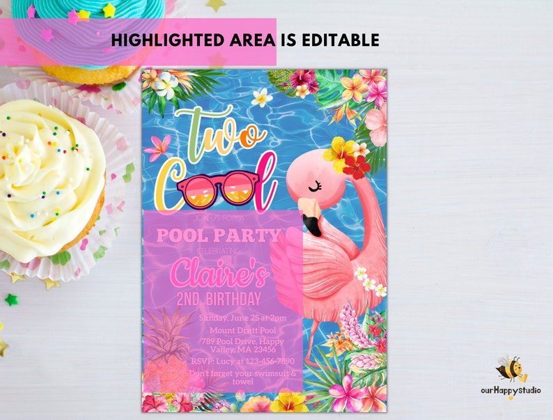 Editable Two Cool Pool Party Invitation Hawaiian Flamingo - Etsy