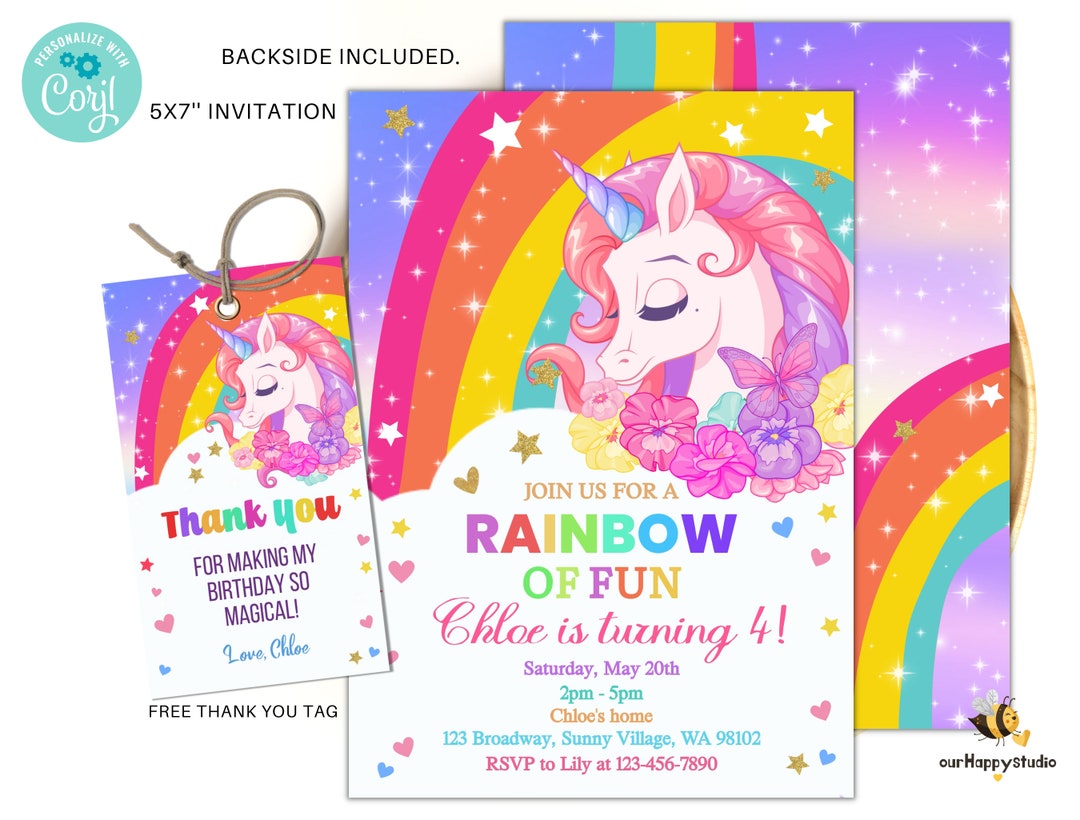 Editable Unicorn Rainbow Birthday Invitation, Rainbow Unicorn Floral ...