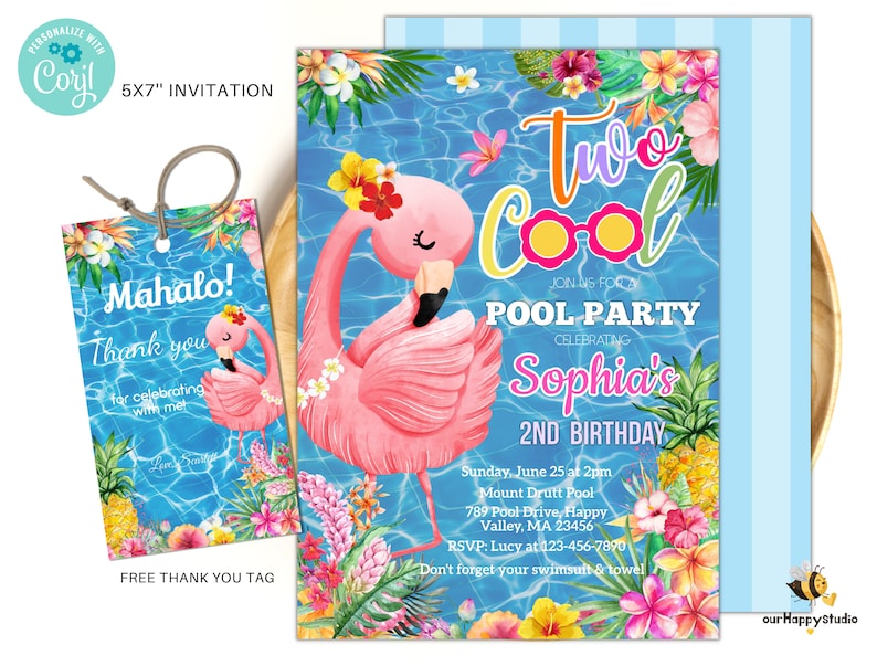 Editable Two Cool Pool Party Invitation Hawaiian Flamingo - Etsy