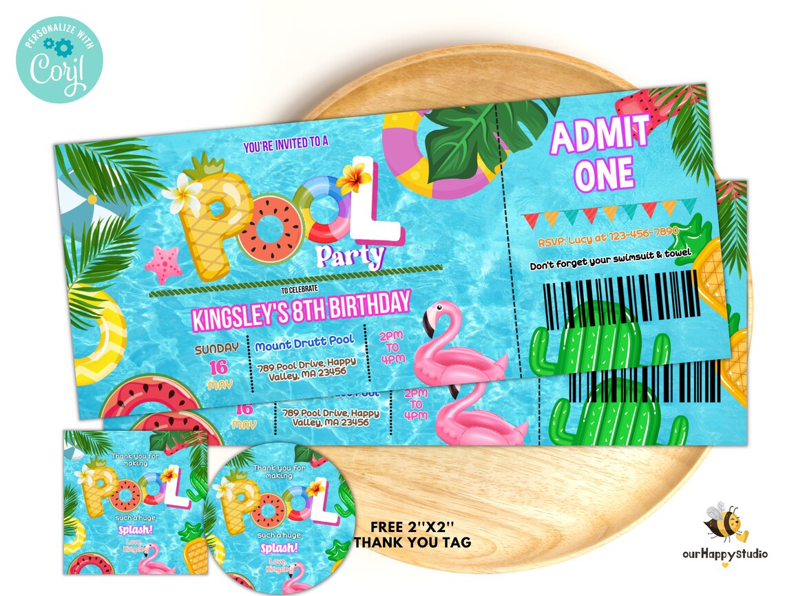 Editable Pool Party Ticket Invitation, Swim Party Invite Ticket ...