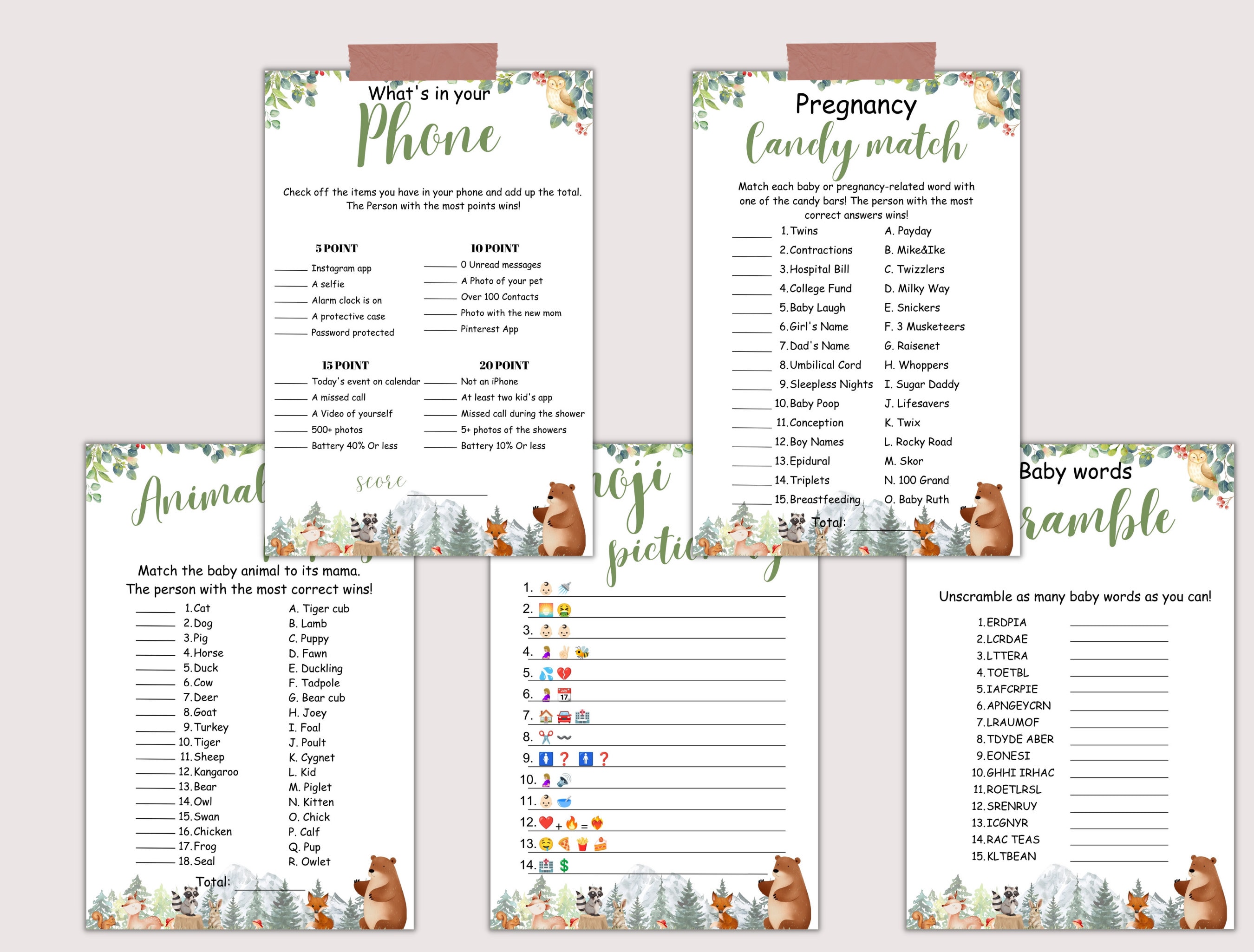 Woodland Animals Baby Shower Games Bundle, Forest Animals Baby Shower ...