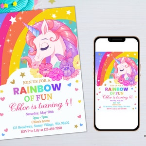 Editable Unicorn Rainbow Birthday Invitation, Rainbow Unicorn Floral ...