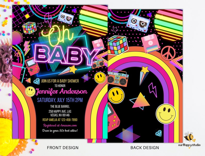 Editable 80s Baby Shower Invitation Back to the 80s Neon Party - Etsy