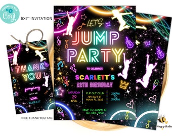Editable Jump Party Birthday Invitation, Glow Trampoline Party Neutral ...