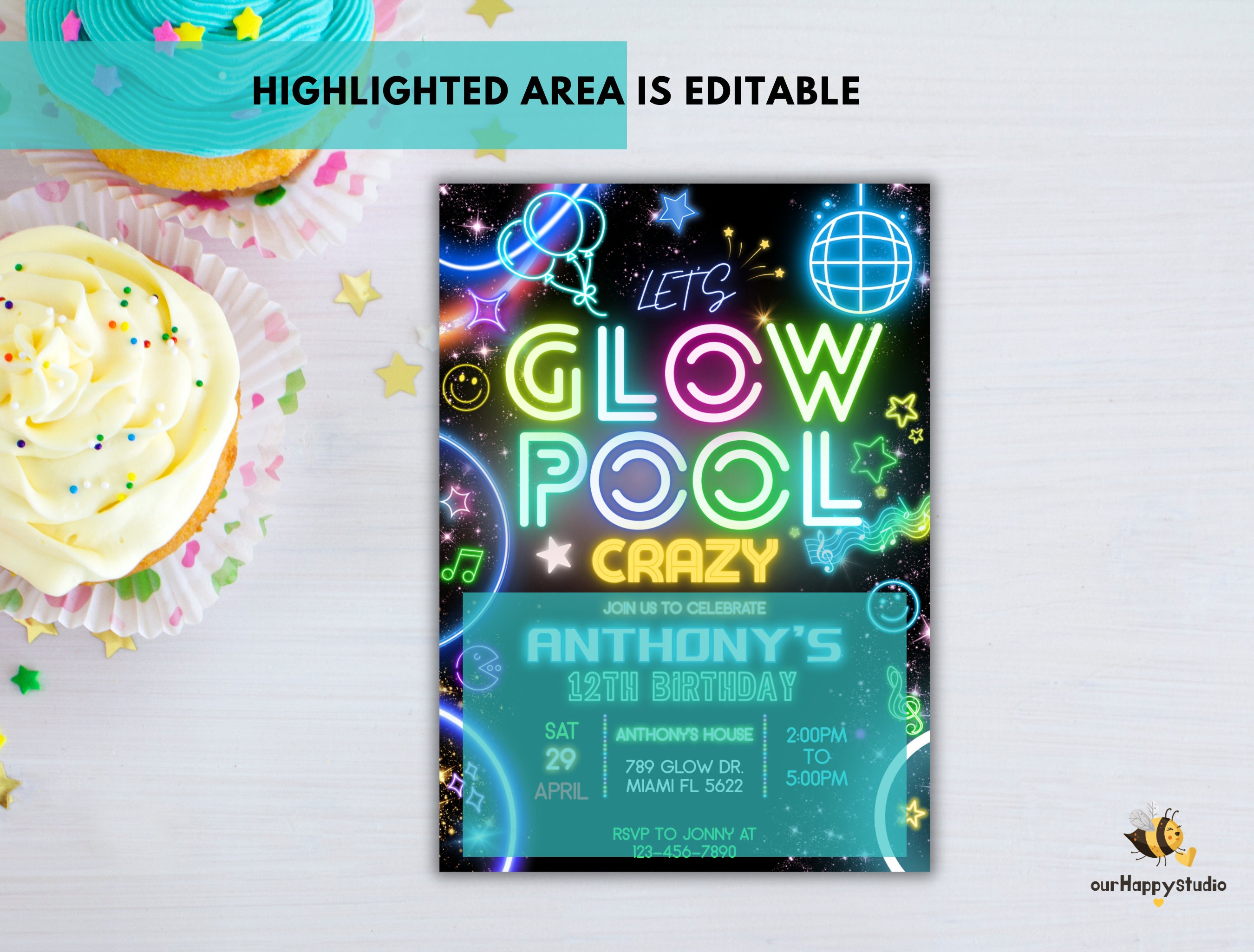 Editable Glow Pool Party Birthday Invitation, Glow Blue Invites, Glow ...