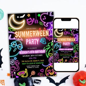 Editable Neon Summerween Party Invite Glow Halloween Birthday ...