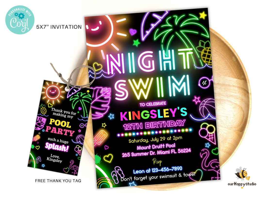 Editable Pool Party Invitation, Night Swim Party Invite, Tropical Neon ...