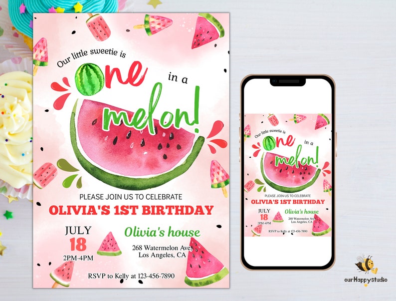 Editable Watermelon Birthday Invite Template Sweet One 1st - Etsy