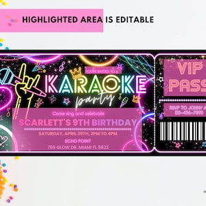 Editable Karaoke Party Birthday Invitation Tickets, Glow Karaoke ...