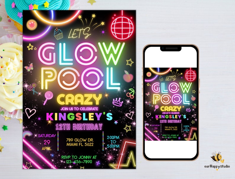 Editable Glow Pool Party Birthday Invitation Glow Gender - Etsy