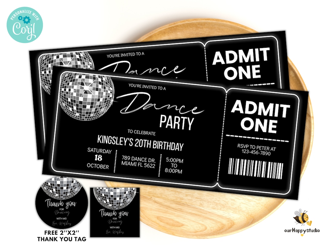 Editable Minimalist Dance Party Birthday Invitation Ticket, Disco ...