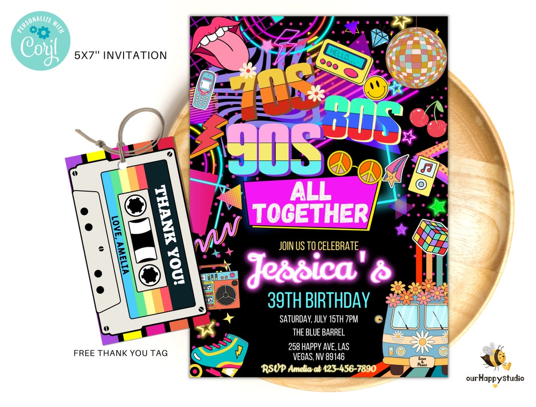 Editable 70s 80S 90s All Together Birthday Party Invitation Back to the ...